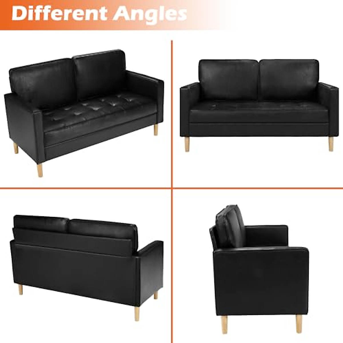 AILEEKISS 57'' Modern Loveseat Sofa Mid-Century Faux Leather 2-Seat Sofa Couch Upholstered Love Seats with Pillows for Living Room, Bedroom, Office, Small Space (Black 02)