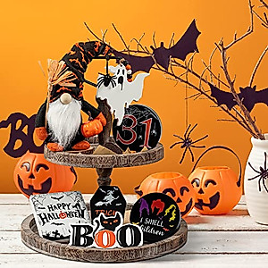 Halloween Tiered Tray Decor - Halloween Decorations Indoor, Happy Halloween Wooden Signs Cute Gnomes Plush and Bead Garland - Farmhouse Halloween Decor for Home Table House Room
