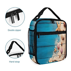 MINBHEBYUD Blue Wooden Board Starfish Shells Lunch Bag for Men Women, Insulated Lunch Bags for Office Work, Reusable Portable Lunch Box