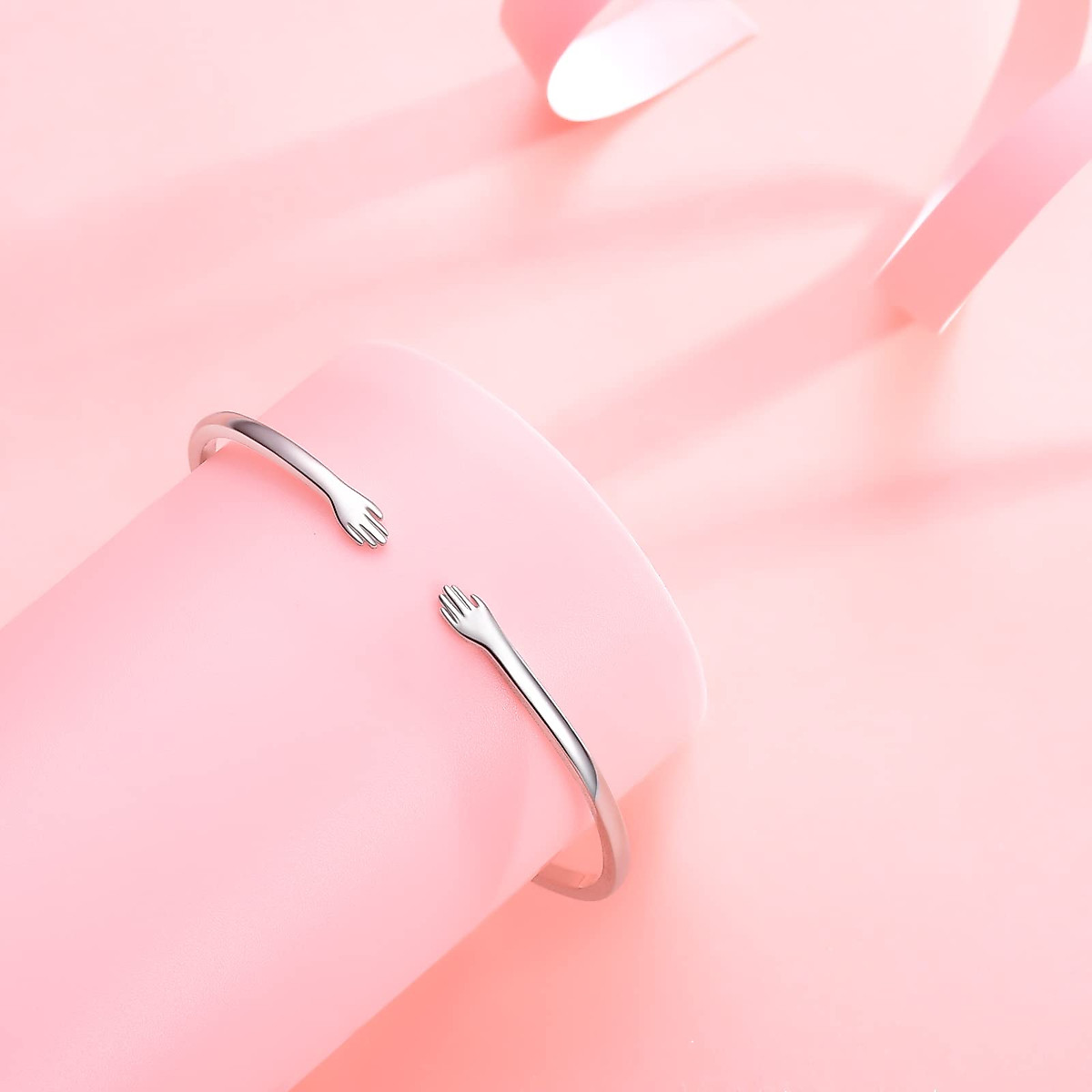 BEILIN Hug Bracelets for Women Sterling Silver Come to My Arm Couple Hugging Cuff Bangles Wedding Band Bracelets Engraved Mantra Bracelet Jewelry for Women Teens(I love you forever)