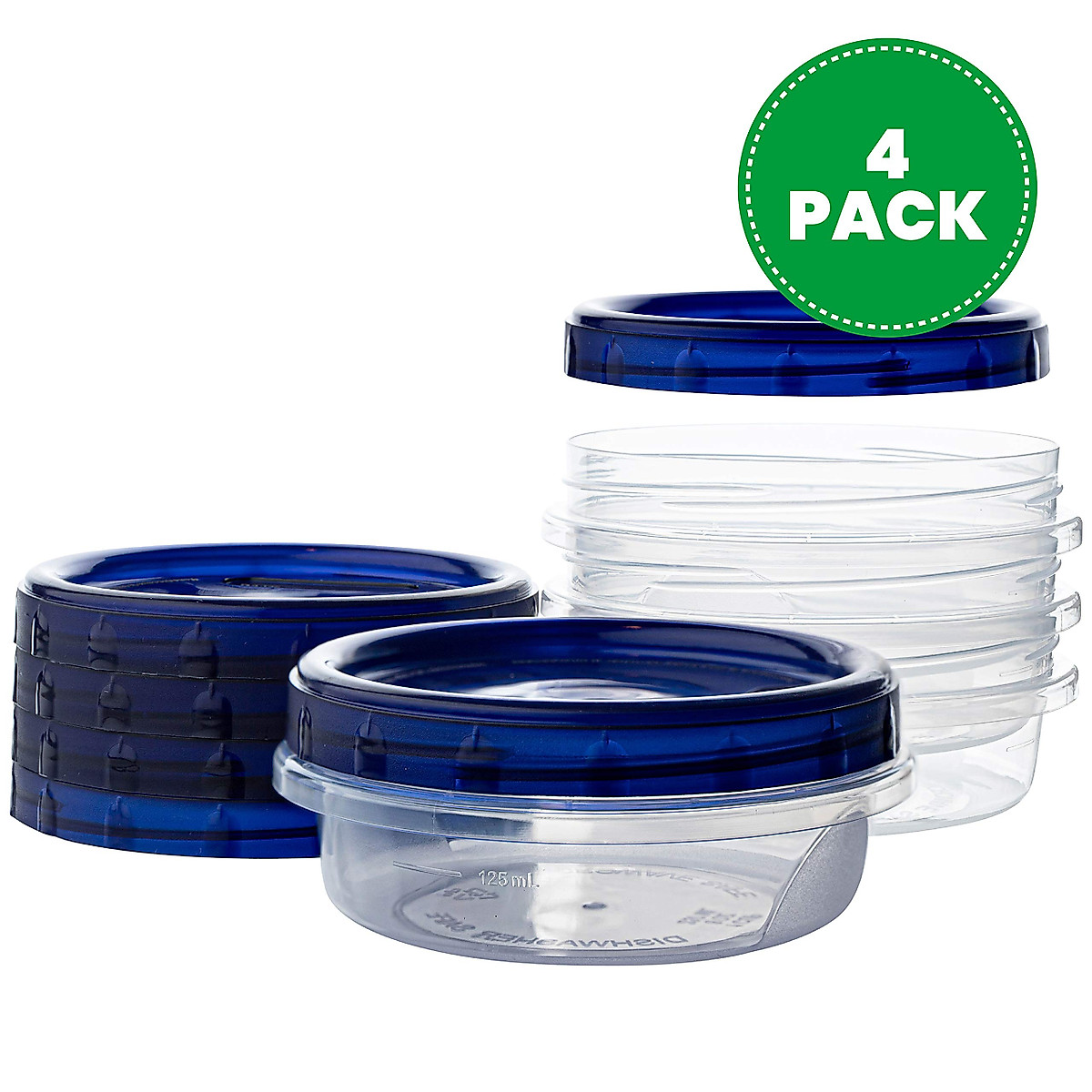 PLASTICPRO [8 oz 4 Pack] Deli Containers Clear bottom With blue Top Twist on Lids Reusable, Stackable, Food Storage Freezer Container