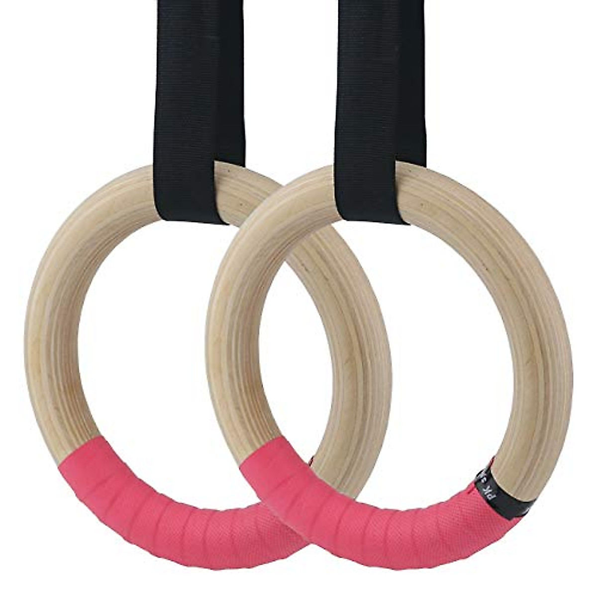 Sunnyglade 2Pcs Wood Gymnastics Rings with 16FT Long Adjustable Straps & 4Pcs Non-Slip Hand Tapes Exercise Training Rings for Home/Gym Full Body Strength Training