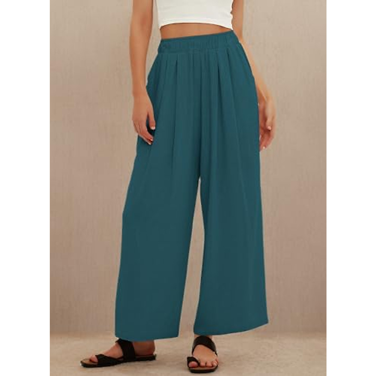 Beaully Women's Summer Linen Pants Casual Loose High Waist Wide Leg Long Pants Trousers with Pockets 6096 Lake Blue XX-Large