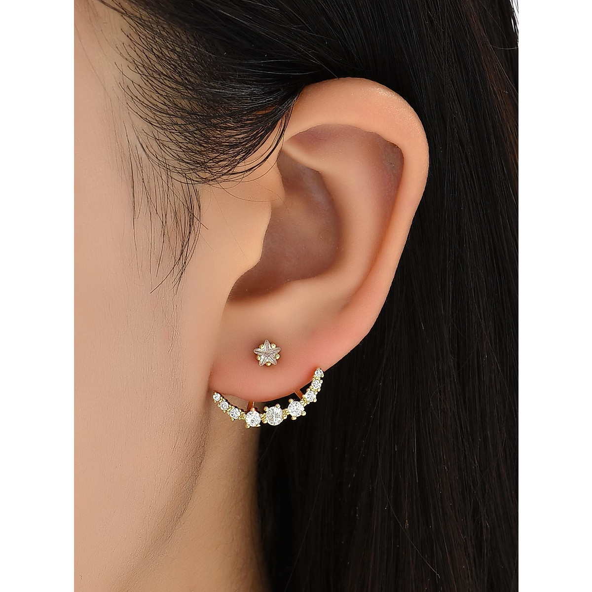 12 Pair Cubic Zirconia Moon and Star Jacket Cuff Earrings for Women, Gold Plated Front Back 2 in 1 with CZ Pearl, Flower Earring Studs