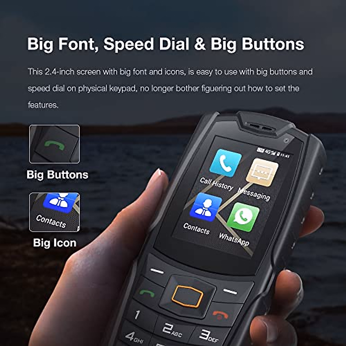 AGM M7 Rugged Phone, IP68 Waterproof Outdoor Phone, 2500mAh Battery Unlocked 4G Cell Phone for Seniors Dual SIM Biggest Speaker 2.4" Touch Screen 1GB+8GB Facebook/Skype/TikTok-Black