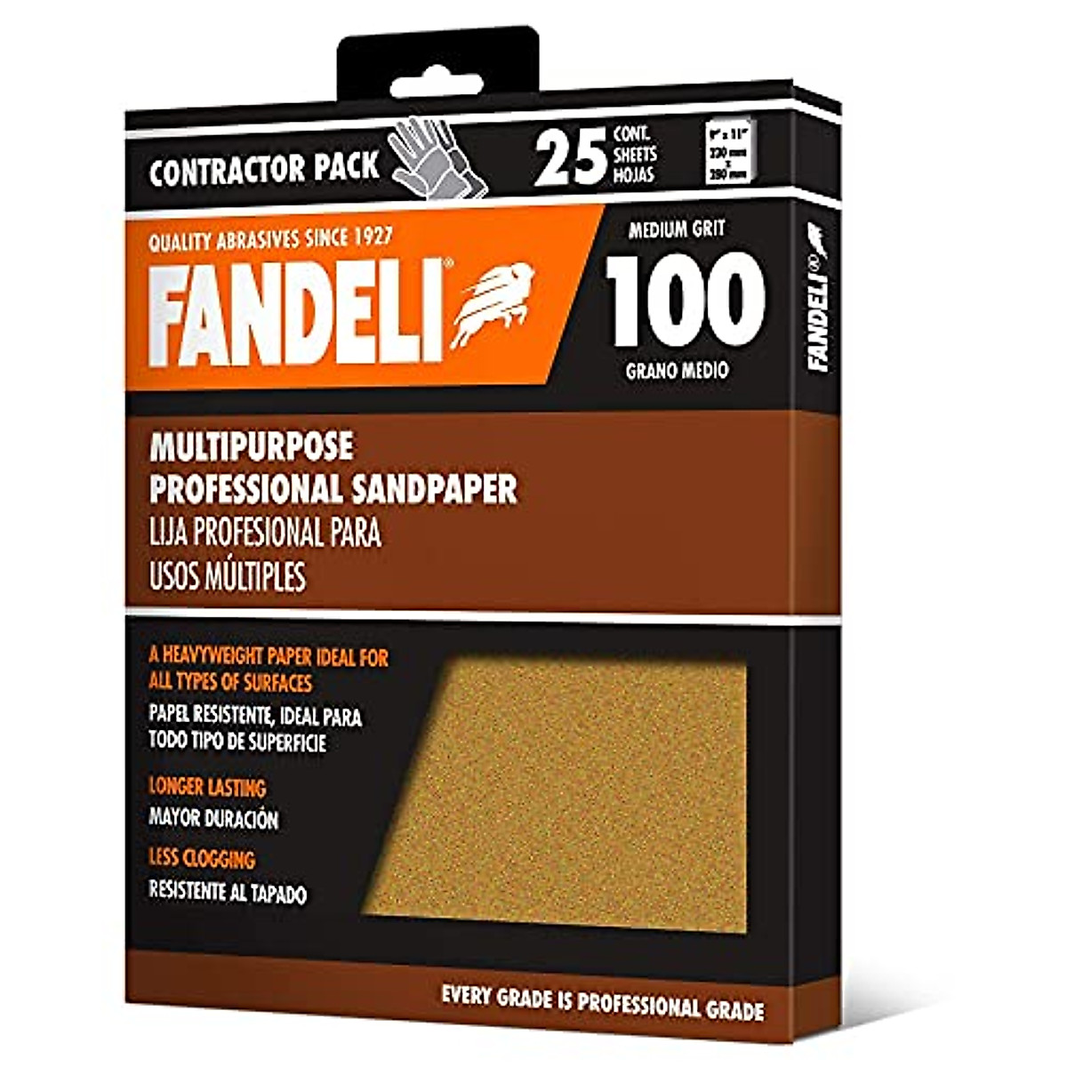 Fandeli | Multi-Purpose Sandpaper | 100 Grit | 25 Sheets of 9'' x 11'' | Ideal for Sanding Metal, Untreated Wood and Painted Surfaces