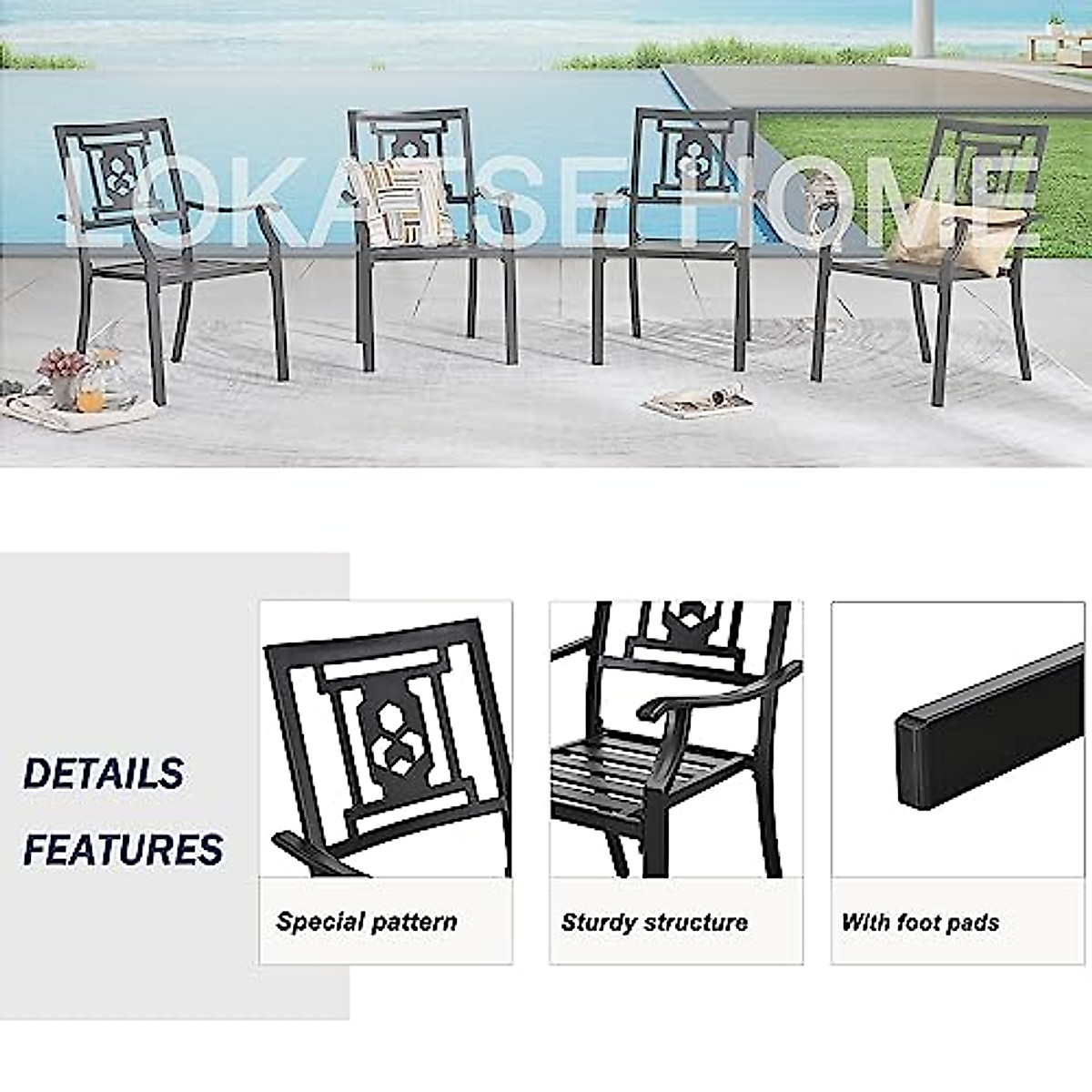 LOKATSE HOME Steel Outdoor Patio Dining Arm Chairs Set of 4 for Garden,Backyard, Kitchen, Balcony, Black