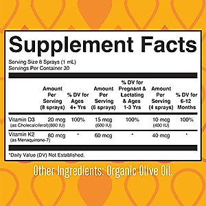 Vitamin D3 | Vitamin K2 | Vitamin D3 K2 Spray | K2 D3 Vitamin Liquid Supplement for Adults & Kids | Supplement for Calcium Absorption Strong Bones | Vegan | Non-GMO | Gluten Free | 1 Fl Oz