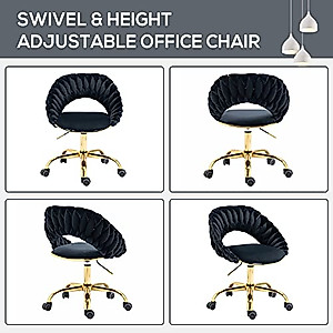 NIOIIKIT Swivel Velvet Home Office Chair, Upholstered Desk Chair, Modern Accent Armchair, Tufted Computer Task Stools with Gold Base for Girls, Women, Study, Living Room (Black)