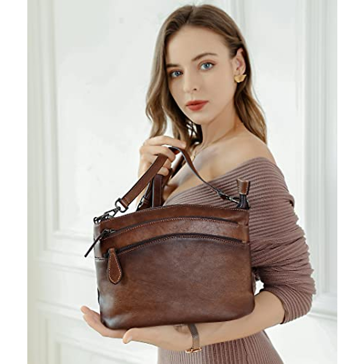 HESHE Womens Genuine Leather Handbags Shoulder Bag Small Bags Designer Crossbody Purse Satchel (Coffee)