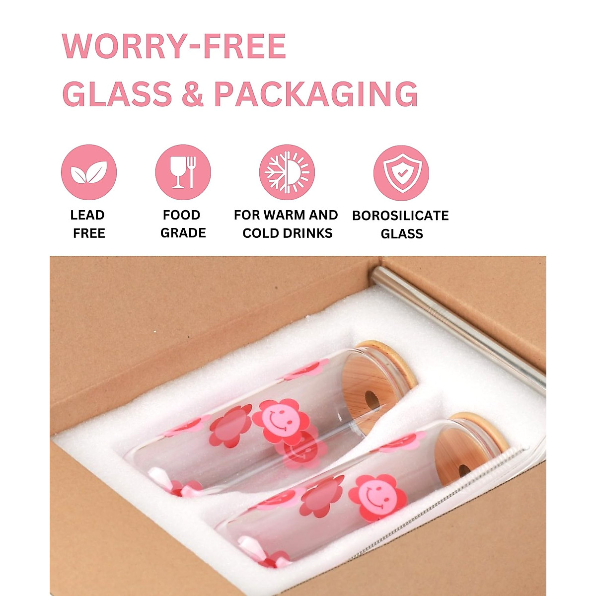 Olvini 20oz Glass Cups with Bamboo Lids and Glass Straws Set of 2 - Can Shaped Drinking Glasses, Cute Iced Coffee Cup, Glass Tumbler, Aesthetic Cups, Smiley Face