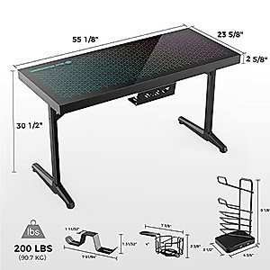 EUREKA ERGONOMIC RGB LED Gaming Desk, Music Sync Lights Up Tempered Glass Desktop, 55" GTG I55 Computer Table W Controller Rack 4 USB Charging Ports School Student Gift for Home Office, APP Control