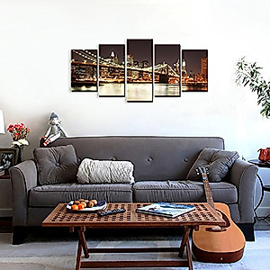Wieco Art 5 Piece Giclee Canvas Prints Wall Art The Brooklyn Bridge Landscape Pictures Photo Paintings for Living Room Bedroom Home Decorations Modern Stretched and Framed City Skyline Art Work