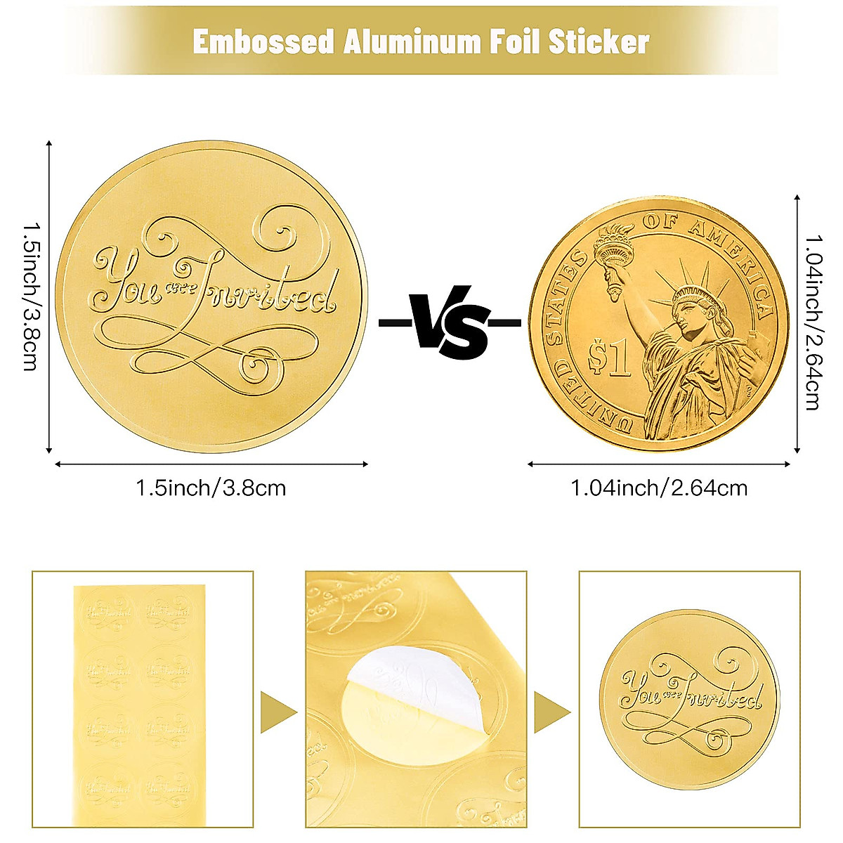 200 Pieces Envelope Embossed Sticker 're Invited Wedding Round Embossed Foil Seals Embossed Aluminum Foil Sticker Seal are Invited Stickers for Envelopes Invitations Present Decoration (Gold)