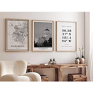 Dear Mapper Sacramento United States View Abstract Road Modern Map Art Minimalist Painting Black and White Canvas Line Art Print Poster Art Line Paintings Home Decor (Set of 3 Unframed) (12x16inch)