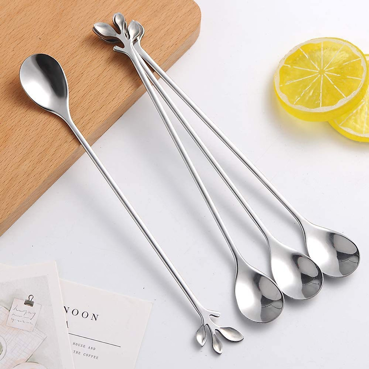 Long Handle Iced Tea Spoons Set of 6, Comicfs 7.6" Ice Cream Spoon, Creative Silver Leaf Cocktail Stirring Spoons, Premium Food Grade Stainless Steel, Mirror Finish & Dishwasher Safe (6 Pcs, Silver)