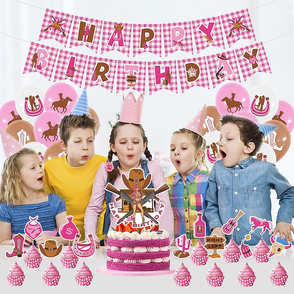 Western Cowgirl Pink Birthday Party Decoration, Horse Rodeo Party Supplies for Girls Including Birthday Banner,Horse Star Balloons, Cake Toppers (Pink Cowgirl)