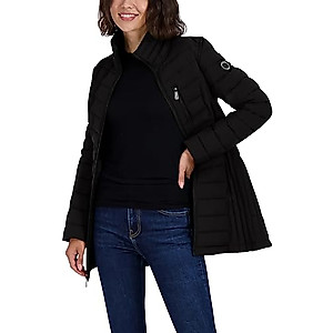 Nautica Women's 3/4 Midweight Stretch Puffer Jacket with Hood, Black, X-Small