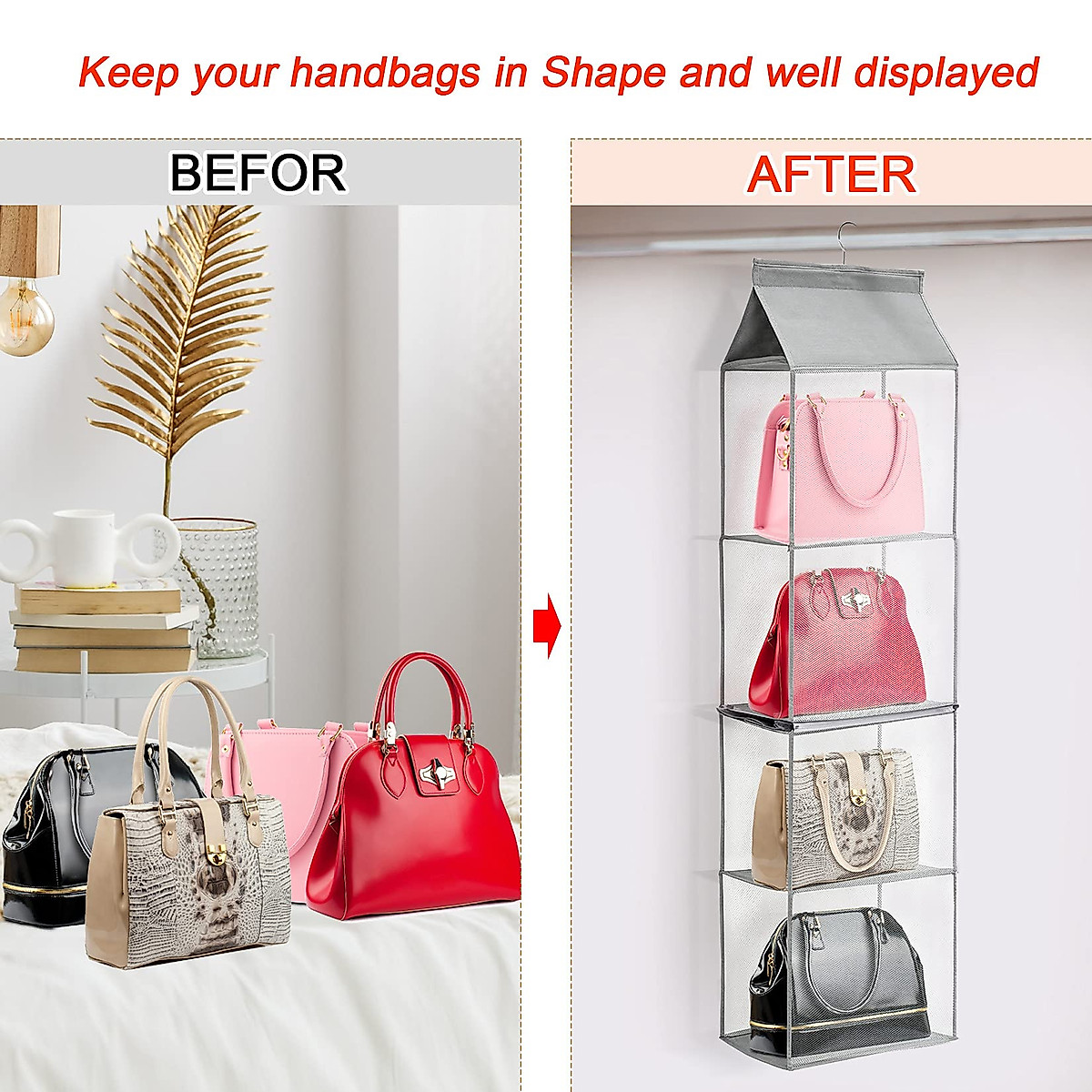 Febou 2 Pack Hanging Purse Organizer for Closet, Detachable Hanging Handbag Storage Purse Holder with 4 Mesh Shelves for Wardrobe Closet Purse Organizer (Grey)