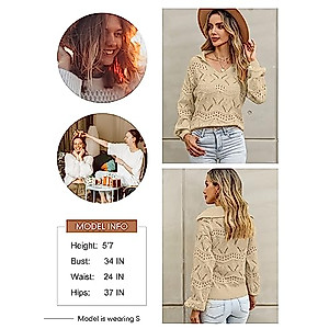 Dokotoo Comfy Lapel Collar Long Sleeve Knitted Pullover Sweaters for Women Sexy V Neck Crochet Fall Jumpers Tops Apricot Large