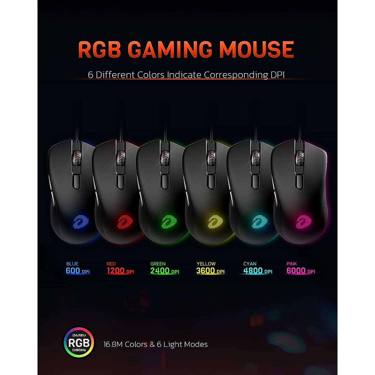 DAREU Wired Gaming Mouse, 6400DPI,6 Programmable Buttons, Ergonomic RGB Gaming Mouse with 16.8 Million Chroma 7 Backlit for PC, Laptop, and Notebook