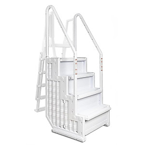 Aqua Select Everest in Pool Step and Outside Flip Up Ladder System | White | for Above Ground Swimming Pools | Wide Steps for Added Stability | Safety Stairs Capacity Up to 350 lbs