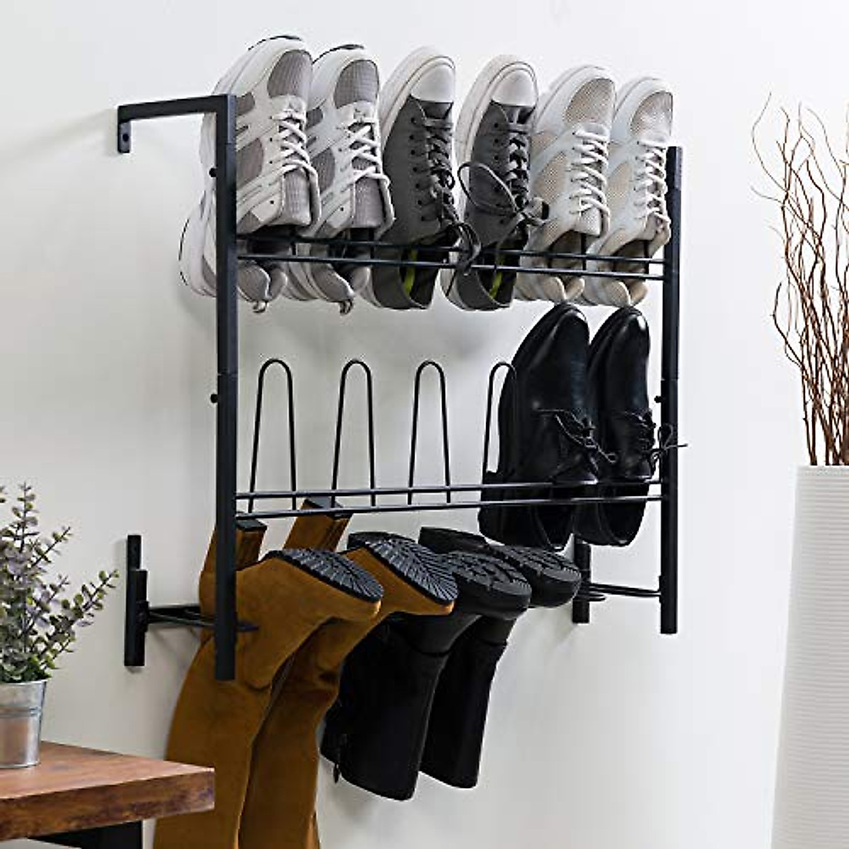 MyGift Premium Black Metal Hanging Wall Shoe Rack for Walk in Closet, Mudroom and Entryway, Wall Mounted Space Saving Boot and Shoe Rack Organizer, Holds 9 Pairs