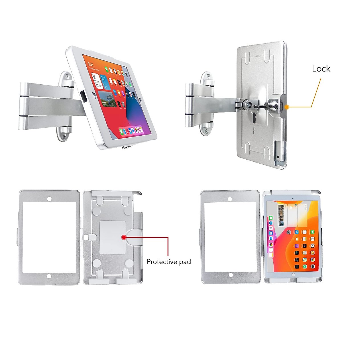 WeSTRUGGLE Tablet Wall Mount Bracket with fold for iPad 10.2-Inch (9th,8th,7th Gen.), Extend Adjustable Arm Swivel with Anti Theft Security Lock and Key, Multi Angle, Rotate Design,Metal (Silver)