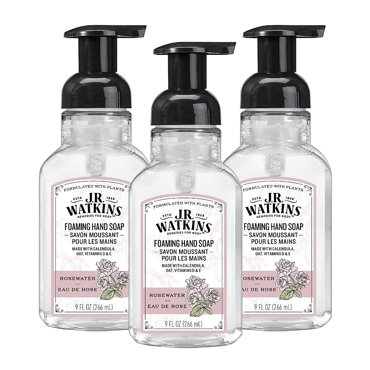 J.R. Watkins Foaming Hand Soap with Pump Dispenser, Moisturizing Foam Hand Wash, All Natural, Alcohol-Free, Cruelty-Free, USA Made, Rosewater, 9 fl oz, 3 Pack