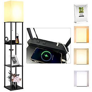 NUNET Smart LED Floor Lamp with Shelves 3 Color Temperature Light & Dimmable App Controlled Wi-Fi Bulb w. 3 Level Shelves & Cellphone/Photo Frame Stand for Bedroom Living Room Corner etc. (Black)