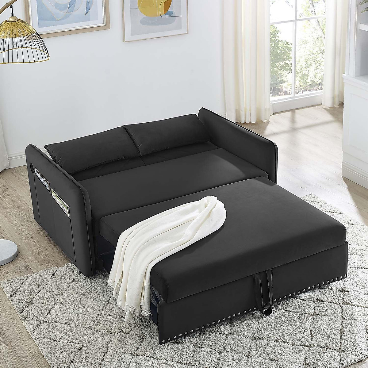 Antetek Sleeper Sofa Bed w/USB Port, Modern 3-in-1 Convertible Upholstered Velvet Loveseat Sofa w/Pull Out Bed, Small Futon Couch with Adjustable Backrest for Living Room Small Space Apartment, Black