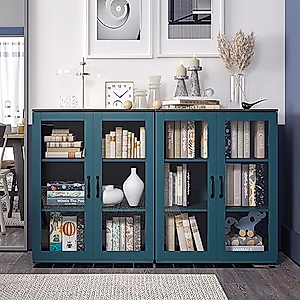 Vrullu Storage Cabinet, Teal Free Standing Buffet Cabinet, Accent Kitchen Cabinet with Tempered Glass Doors, Wood Display Cabinet with Adjustable Shelf for Living Room, Dining Room, Hallway (1, Green)