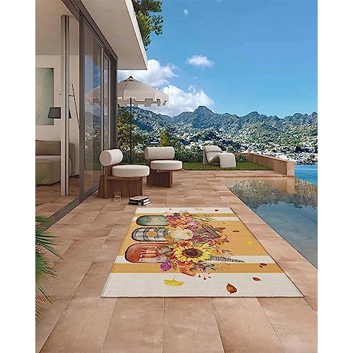Hello Fall Outdoor Rug for Patio/Deck/Porch, Non-Slip Area Rug 6x9 Ft, Thanksgiving Pumpkin Floral Maple Leaf Yellow Beige Striped Indoor Outdoor Rugs Washable Area Rugs, Reversible Camping Rug Carpet