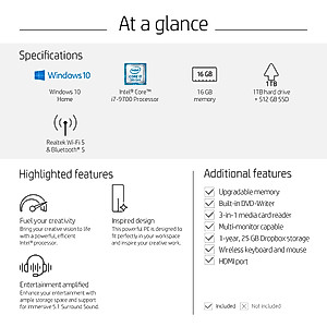 HP ENVY Desktop Computer, Intel Core i7-9700, 16GB RAM, 1TB Hard Drive, 512 GB SSD, Windows 10 (TE01-0020, Black)