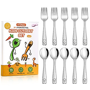 VITEVER 10-Piece Toddler Utensils, Kids Stainless Steel Silverware Set, Children Safe Forks and Spoons - Mirror Polished, Dishwasher Safe