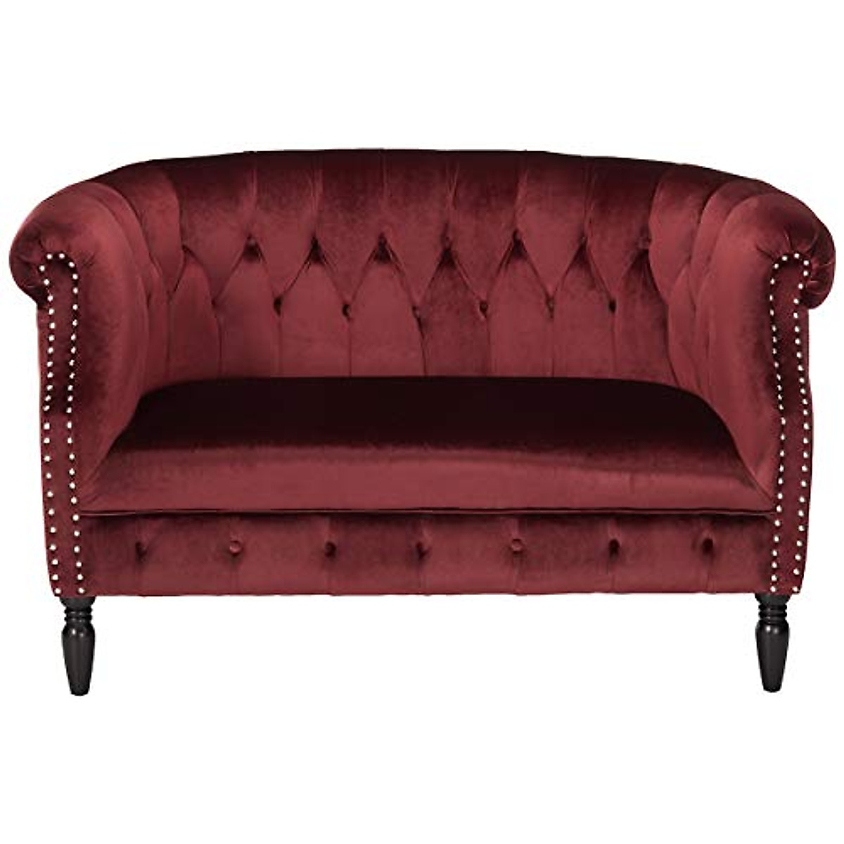 Great Deal Furniture Melaina Tufted Chesterfield Velvet Loveseat with Scrolled Arms, Garnet and Dark Brown