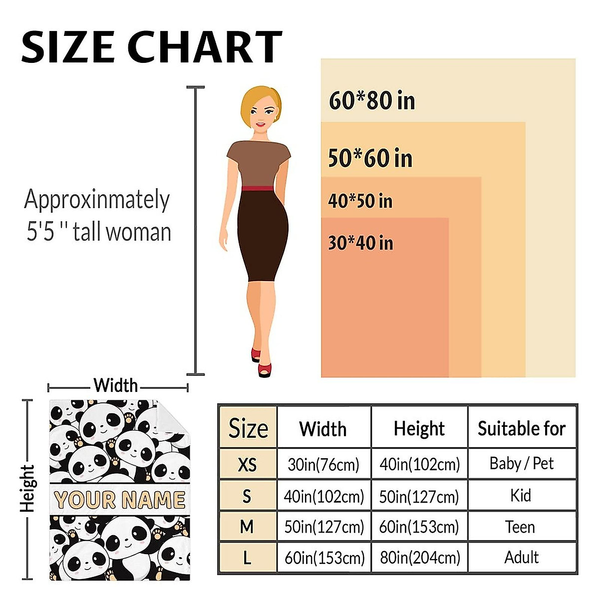 Custom with Name Kids Boys Girls Blanket - Soft, Lightweight & Warm - 60x50 Inches Panda Throw Blanket for Bed, Couch - White Panda Stuffed Blanket for Room Decor