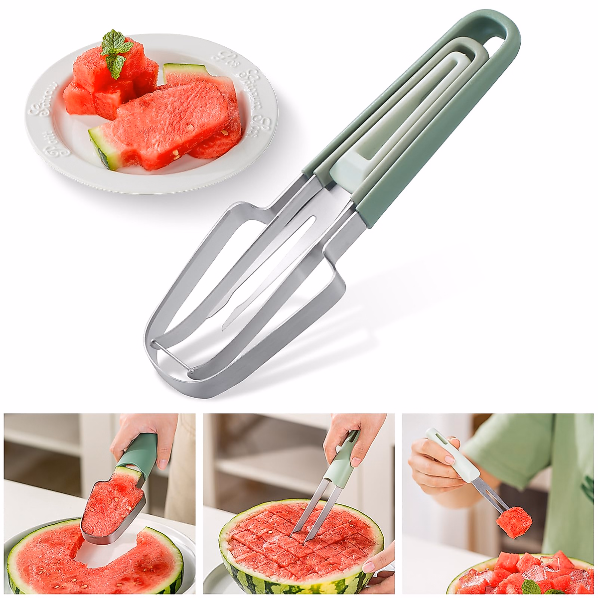 Choxila 3-in-1 Watermelon Fork Slicer Cutter, Stainless Steel Watermelon Popsicle Cutter, Watermelon Cutter Slicer Tool, Fruit Cutter for Home, Picnic, and Camping