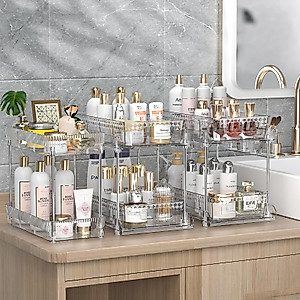 RIKOJUXI 3 Packs 2 Tier Under Sink Organizer with Removable Dividers and Stackable Design, Multi-use Pantry Organizers and Storage, Pull Out Cabinet Organizer Bathroom Counter Organizer