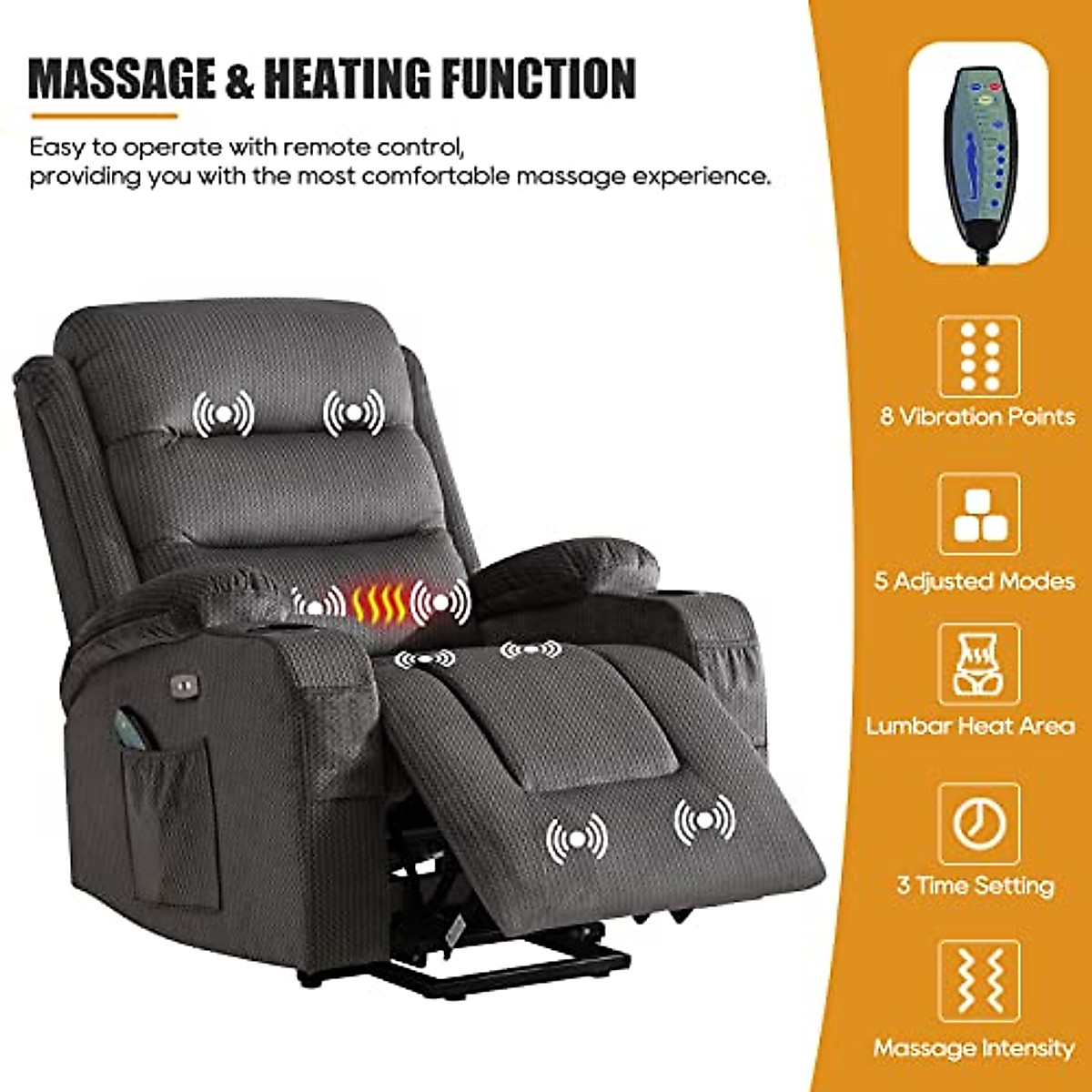 Consofa Lift Chair, Lift Chairs Recliners for Elderly, Lift Chair with Massage and Heat, Power Lift Chair with USB Port, 2 Cup Holders, 4 Pockets, Fabric (Brown)