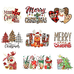 9pcs Merry Christmas Iron on Patches - Large Heat Transfer Stickers, Cute Tree Elk Santa Claus Pattern Decals for T Shirts, Hoodies, Bags