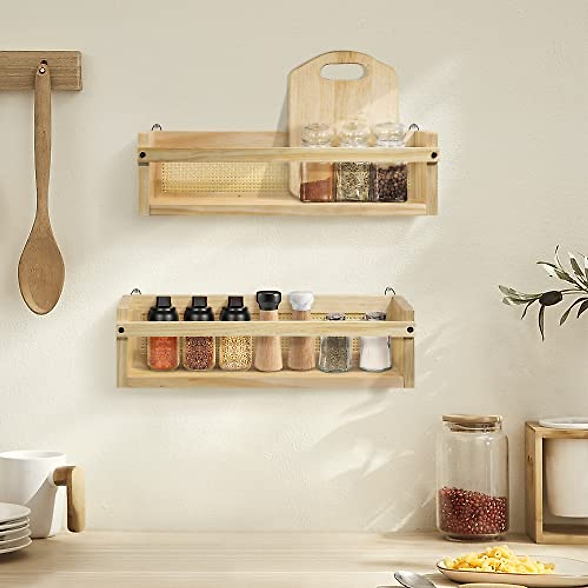 Petrala Boho Rattan Floating Shelves Set of 2, Natural Wood Wall Mounted Shelves for Wall Decor Bedroom Living Room Bathroom Office