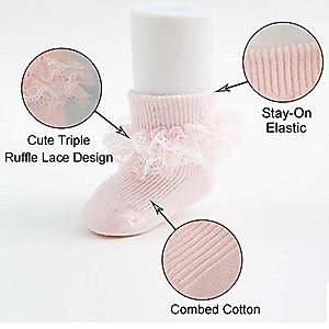 Mini angel Baby Lace Socks Newborn Girls Triple Lace Ruffle Frilly Socks Soft Cotton Turn Cuff Socks with Box Gift Set,3 Pairs,White/Pink,0-6 Months