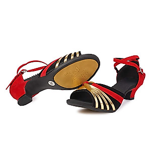 TINRYMX Women Latin Dance Shoes Ballroom Tango Dance Sandals with Open Toe, Gold+Red, US 9