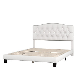 Modern Beige Queen Bed Frame Linen Upholstered Platform Bed with Headboard Solid Wood Queen Size Bed Frame Mattress Foundation Diamond Tufted Details Sturdy Wood Slat Support No Box Spring Needed