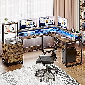 YITAHOME L Shaped Desk with Power Outlets & LED Lights, Reversible Computer Desk with Drawers & Hutch, Corner Desk Office Desk with Monitor Stand, Printer Stand, 2 Person Desk, Rustic Brown
