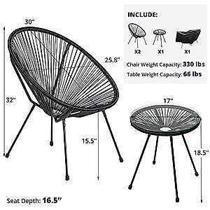 Cozy Castle 3-Piece Acapulco Patio Chair with Cover, All-Weather Weave Lounge Chair, Patio Conversation Bistro Set, Balcony Chair Egg Chairs with Glass Top Table (Black)