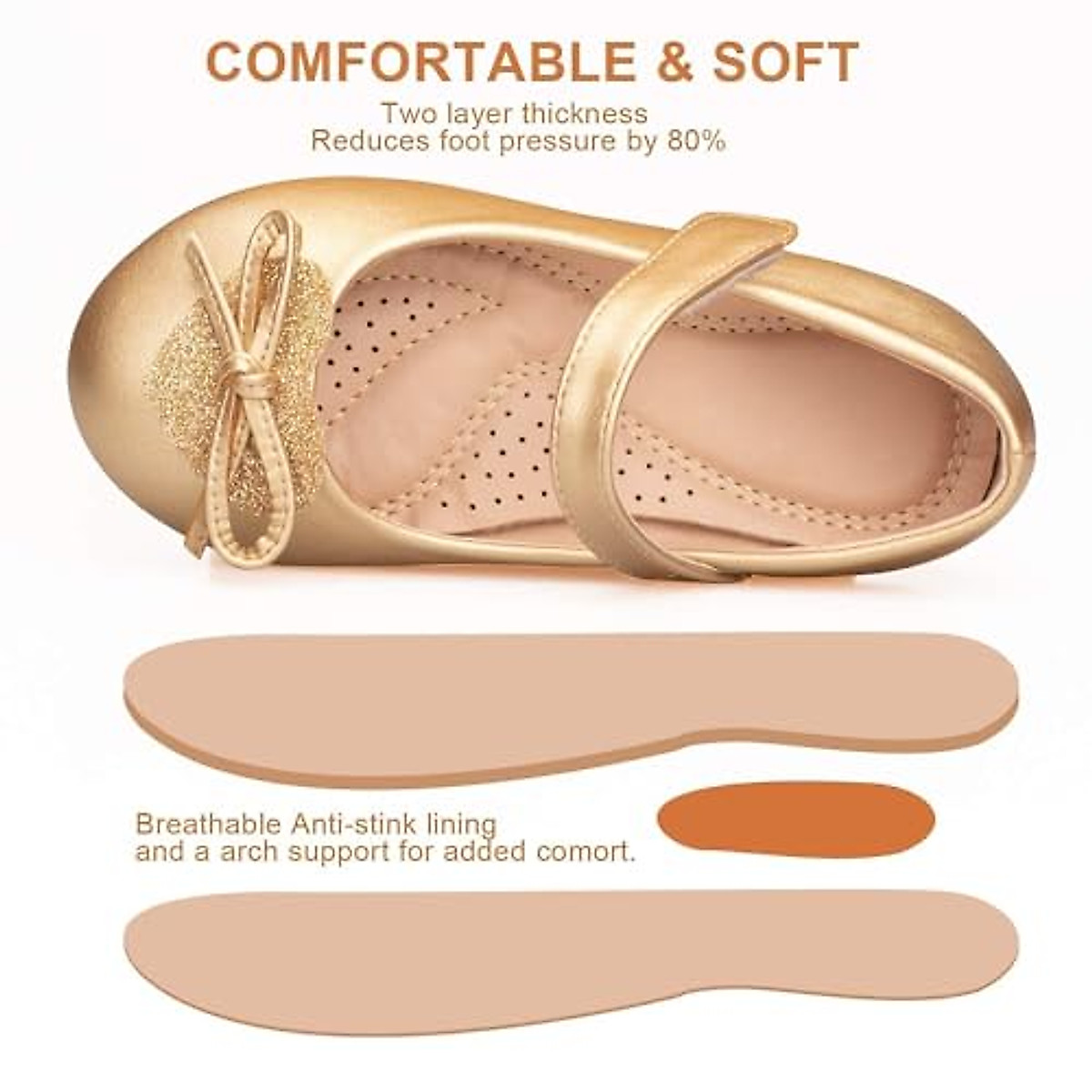 ADAMUMU Girls Gold Shoes Princess Dress Shoes Bow Ballet Flats for Party,Size 2M Big Kid