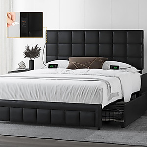 Queen Bed Frame with Storage, Upholstered Bed Frame with 4 Drawers, Adjustable Headboard, Type-C & USB Ports, Wooden Slats, Noise-Free, No Box Spring Needed Easy Assembly Bed Frame with Drawers