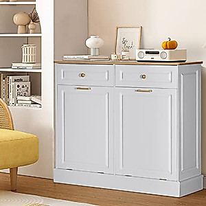 Anbuy Double Kitchen Trash Cabinets Dual Tilt Out Trash Cabinet with Two Wood Hideaway Trash Holder Drawers, Free Standing Recycling Cabinet Trash Can Holder (Upgrade White)